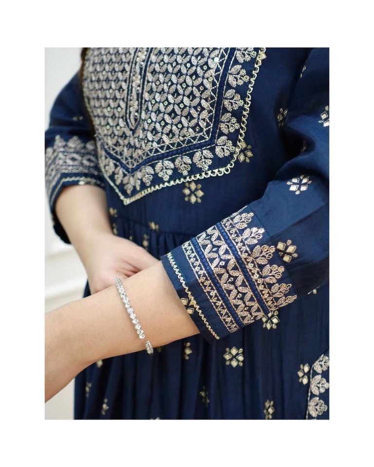 Traditional Embroidered Navy Blue Rayon Kurti Set with Pants and ...